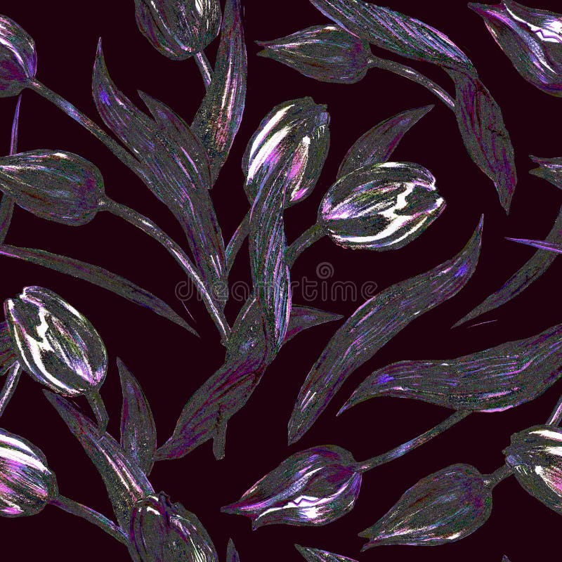 Dramatic Seamless Pattern with Textured Flowers Isolated on Dark. Stock ...