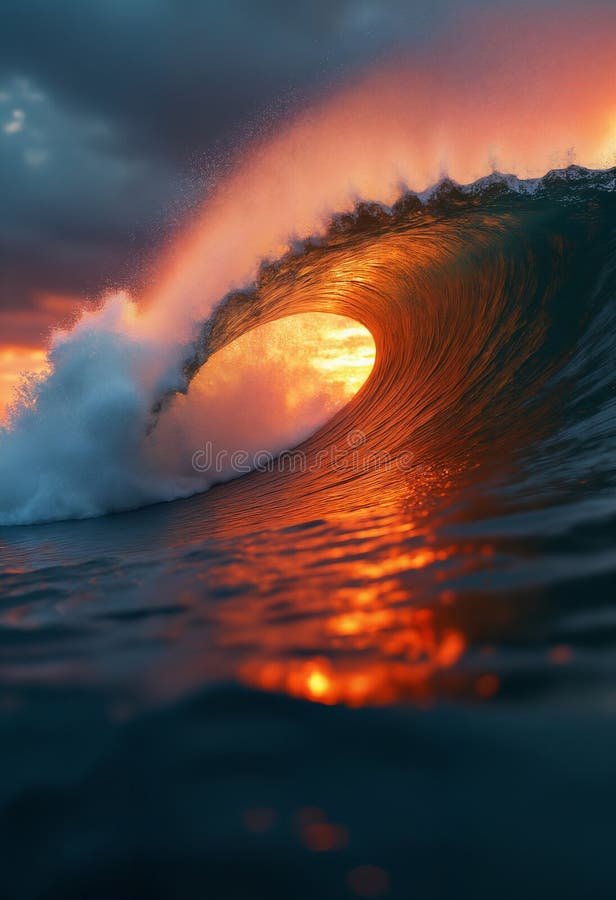 Dramatic Seascape, a Big and Beautiful Wave in the Ocean at Sunset ...