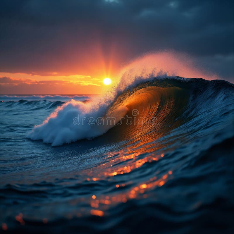 Dramatic Seascape, a Big and Beautiful Wave in the Ocean at Sunset ...