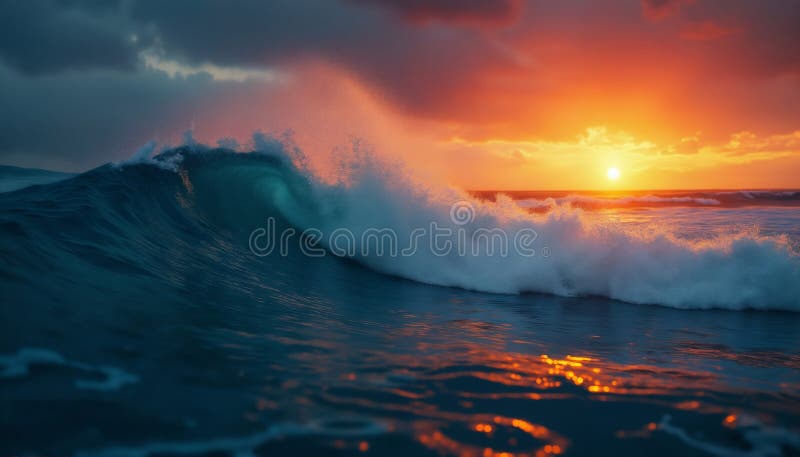 Dramatic Seascape, a Big and Beautiful Wave in the Ocean at Sunset ...