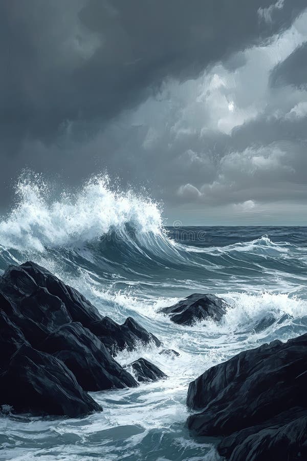 A Dramatic Seascape with Crashing Waves Against Dark Rocks Stock Illustration - Illustration of ...