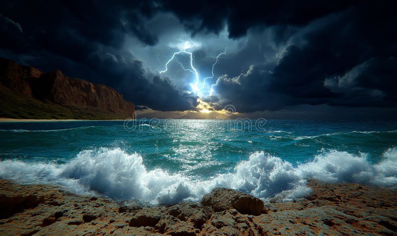 Dramatic Seascape with Crashing Waves and a Lightning Storm Over the ...