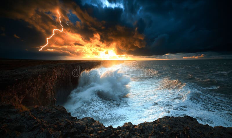 Dramatic Seascape with Crashing Waves and a Lightning Storm Over Rocky ...