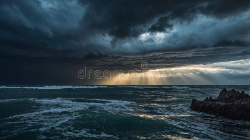 Dramatic Ocean Waves with Crepuscular Rays Breaking through Storm ...