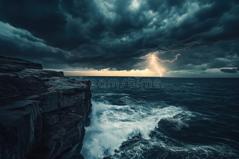 Dramatic Seascape with Lightning Stock Illustration - Illustration of ...