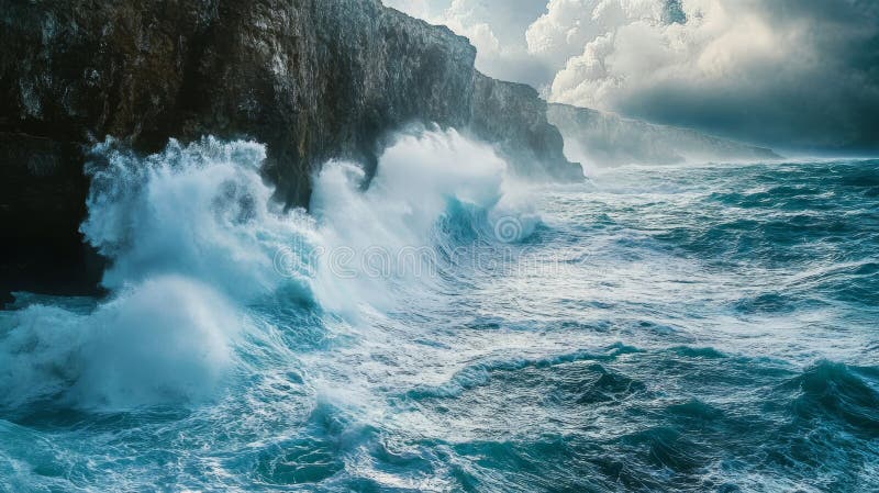 Dramatic Seascape of Mighty Ocean Waves Colliding with Rugged Cliffs in ...
