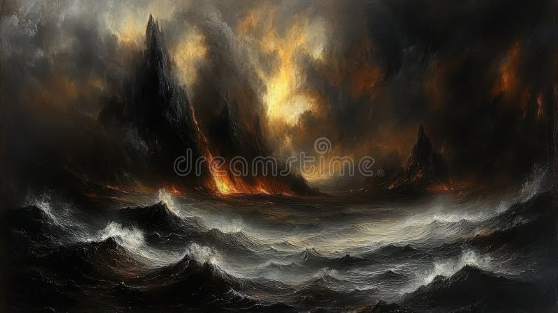 Dramatic Seascape at Night with Fiery Sky and Rocky Coast Stock ...