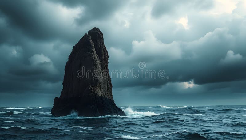 Dramatic Seascape with Rock Formation and Stormy Sky Stock Illustration ...