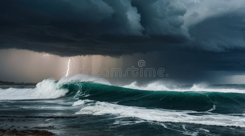 Dramatic Seascape with Stormy Weather, Lightning, Large Wave and Dark ...