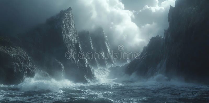 Dramatic Seascape with Towering Rocky Cliffs and Dramatic Waves Stock ...