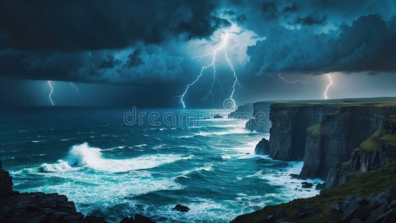 Dramatic Coastal Storm with Lightning Strikes Over Ocean Cliffs Stock ...