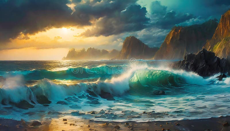 Dramatic Seascape with Waves, Cliffs, and a Sunset Stock Illustration ...