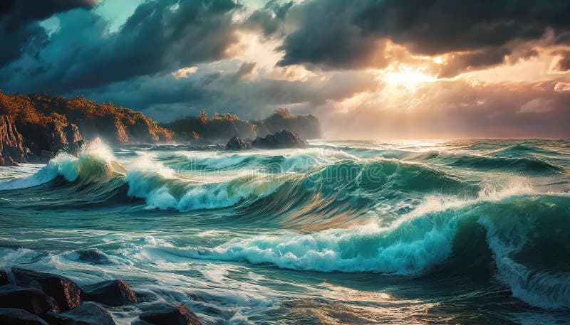 Dramatic Seascape with Waves, Cliffs, and a Sunset through Stormy Clouds Stock Illustration ...
