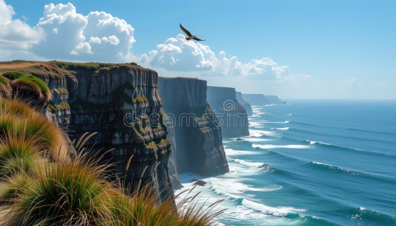 Dramatic Seaside Cliffs with Waves Crashing Far Below, Wind Swept ...