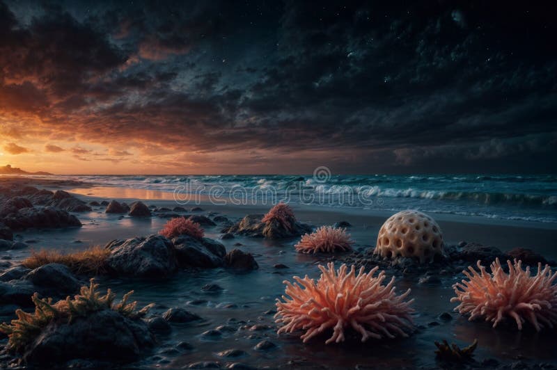 A Dramatic Seaside Landscape at Twilight with Coral among Rocks on the ...