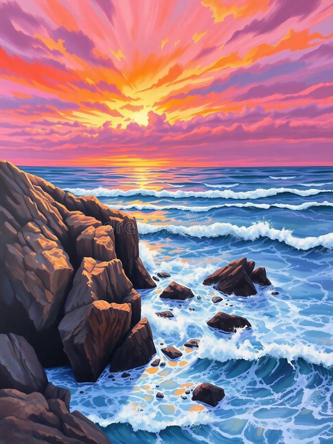 A Dramatic Seaside Scene with Vibrant Sunset Skies, Crashing Waves, and ...