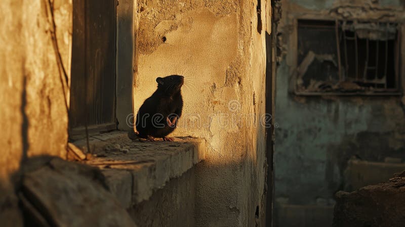 A Dramatic Setting of a Sewer Rat on a Ledge, Illuminated by Dim ...