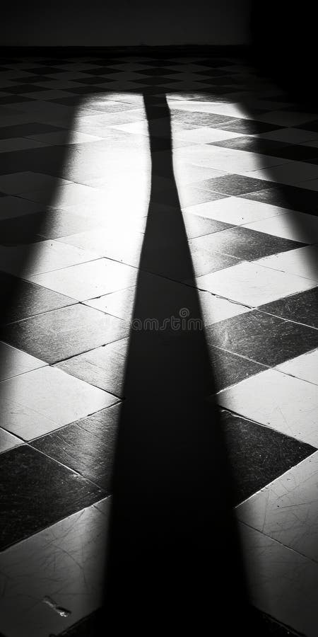 Dramatic Shadow Cast on Checkered Floor in Black and White Minimalist ...