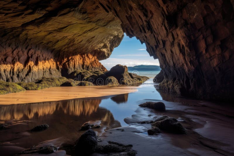 Dramatic Shadows within a Sea Cave at Low Tide Stock Illustration ...