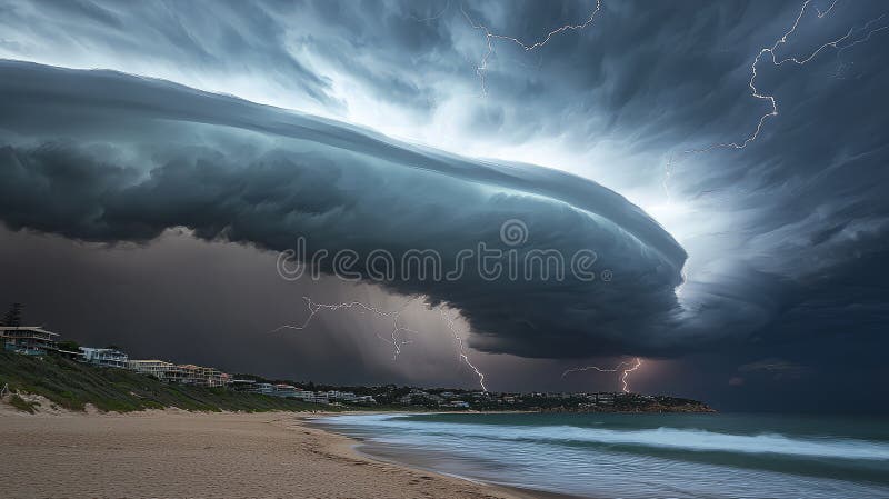 Dramatic Shelf Cloud Over Beach with Lightning Strikes Stock Image ...