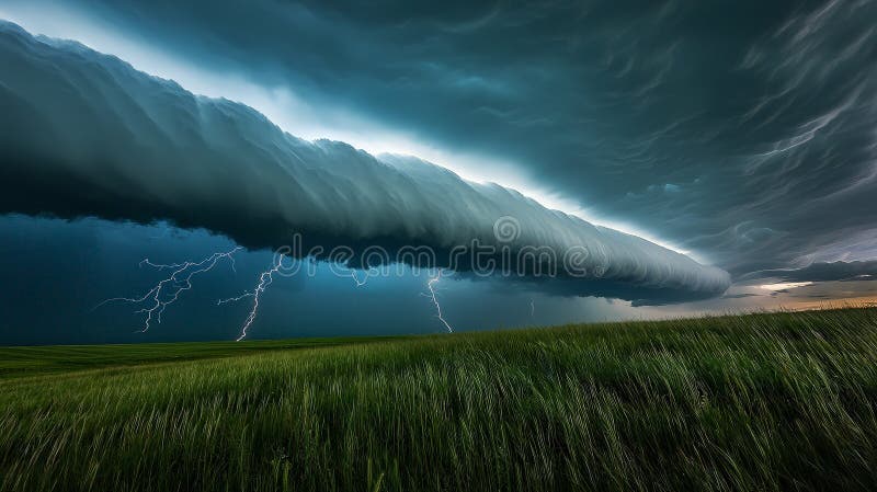 Dramatic Shelf Cloud Over a Green Field with Lightning Strikes Stock ...