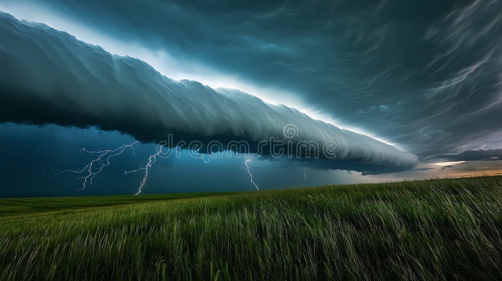 Dramatic Shelf Cloud Over a Green Field with Lightning Strikes Stock ...