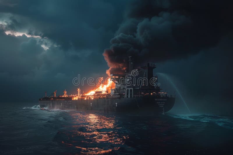 Dramatic Ship Fire at Night on the Sea with Dark Clouds and Large ...