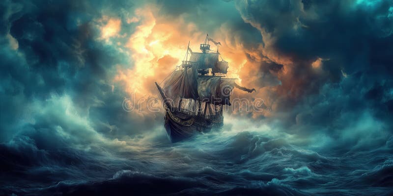 Dramatic Ship Sailing through Turbulent Seas Under Stormy Skies Stock ...