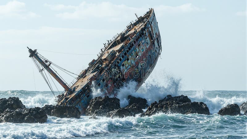 Dramatic Shipwreck Scene with Waves Crashing on Jagged Rocks and Spray ...