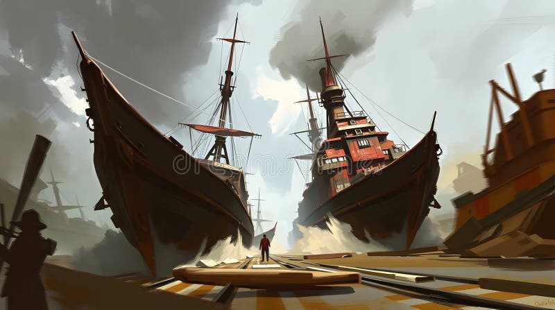 Dramatic Shipyard Illustration: Massive Battleships Under Construction ...