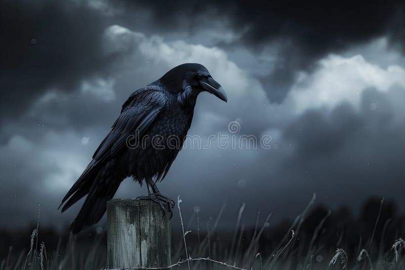 A Dramatic Shot of a Black Raven Perched on a Spooky Fencepost Stock ...