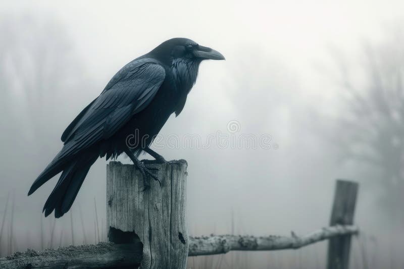 A Dramatic Shot of a Black Raven Perched on a Spooky Fencepost Stock ...