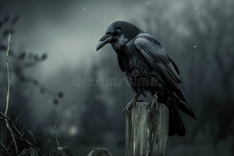 A Dramatic Shot of a Black Raven Perched on a Spooky Fencepost Stock ...
