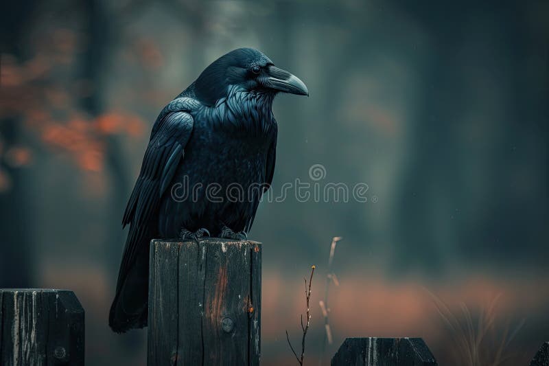 A Dramatic Shot of a Black Raven Perched on a Spooky Fencepost Stock ...