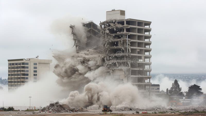In a Dramatic Shot the Buildings Facade Collapses in a Cloud of Dust ...