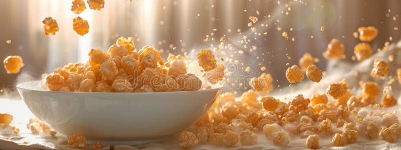 Dramatic Shot of Caramel Popcorn in Motion with Sunlight Streaming in ...