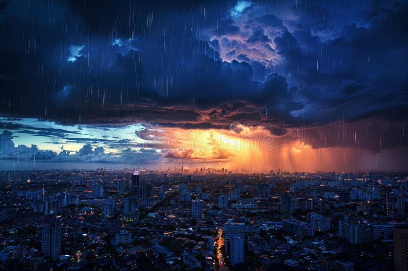 A Dramatic Shot of a City Under a Stormy Sky with Heavy Rain Falling ...