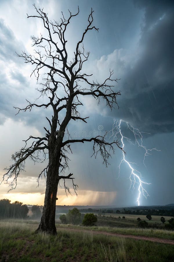 Dead Tree and Lightning in a Storm Stock Illustration - Illustration of ...