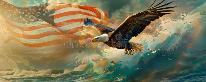 A Dramatic Shot of an Eagle Diving with a Wavy American Flag in the ...
