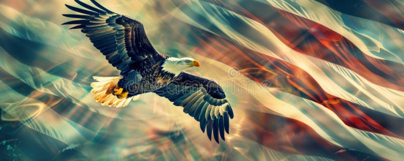 A Dramatic Shot of an Eagle Diving with a Wavy American Flag in the ...
