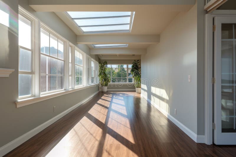 Dramatic Shot of an Empty Hallway Ending with a Giant Window Stock ...