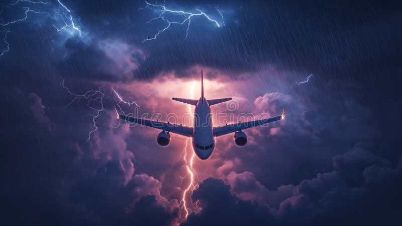 Dramatic Shot of a Plane Flying through a Lightning Storm Stock Image ...
