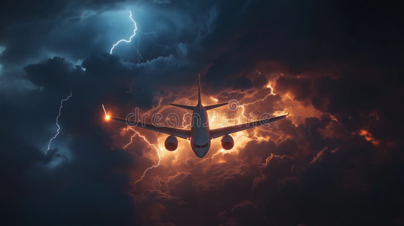 Dramatic Shot of a Plane Flying through a Lightning Storm Stock Photo ...