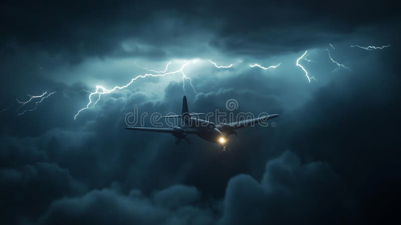Dramatic Shot of a Plane Flying through a Lightning Storm Stock Photo ...