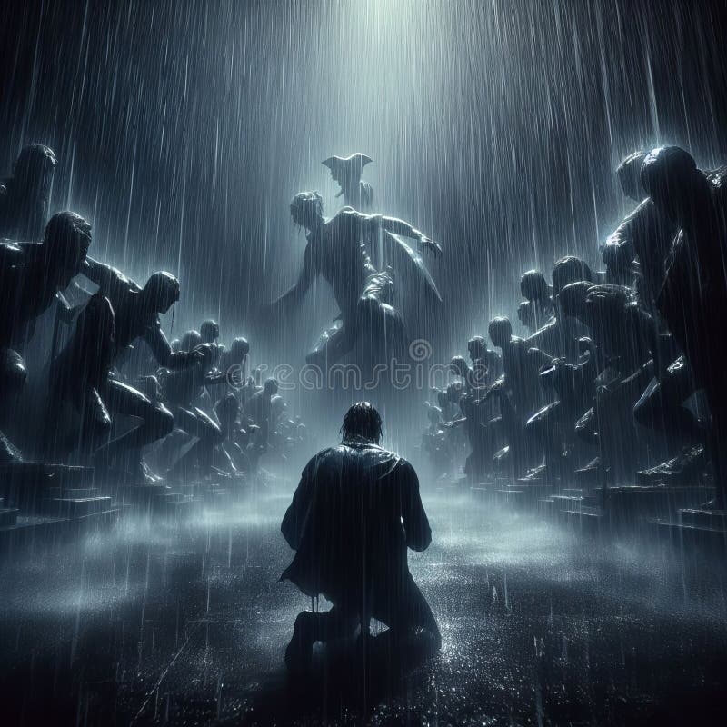 A Dramatic Shot of Rain Falling on a Group of Statues, Creatin Stock ...