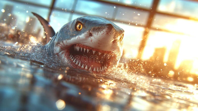 Shark Breaking through Water in a Dramatic Scene with Sunlight ...