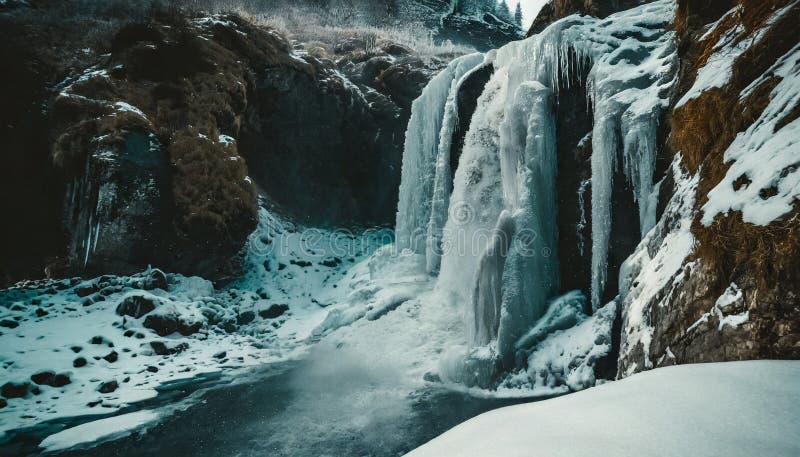 Dramatic Shot of Waterfall with Rocks and Ice and Blue Sky Stock ...