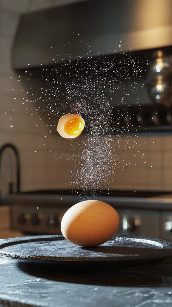 Floating Egg with Broken Shell and Flour Dust in Rustic Kitchen Stock ...