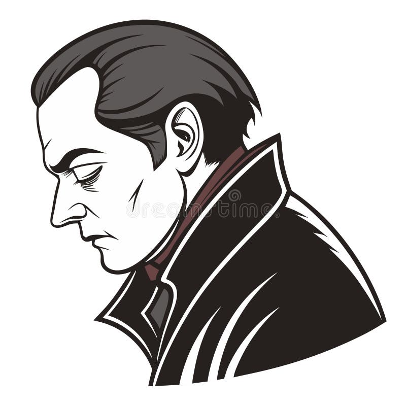 Dramatic Side Profile Illustration of Brooding Man in High Collar Coat ...