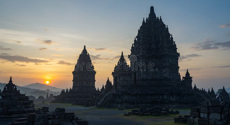 A Dramatic Side View of Candi Sewu at Golden Hour Stock Illustration ...